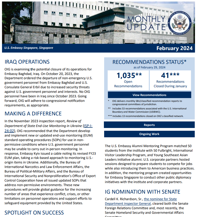 Monthly Updates | Office of Inspector General