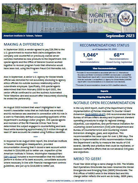 September 2023 Monthly Update | Office of Inspector General