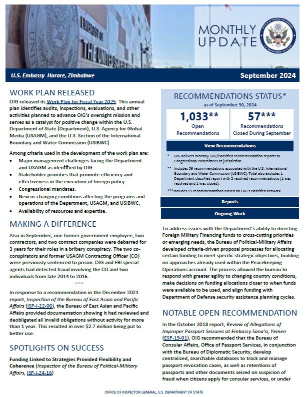 September 2024 Monthly Update | Office of Inspector General